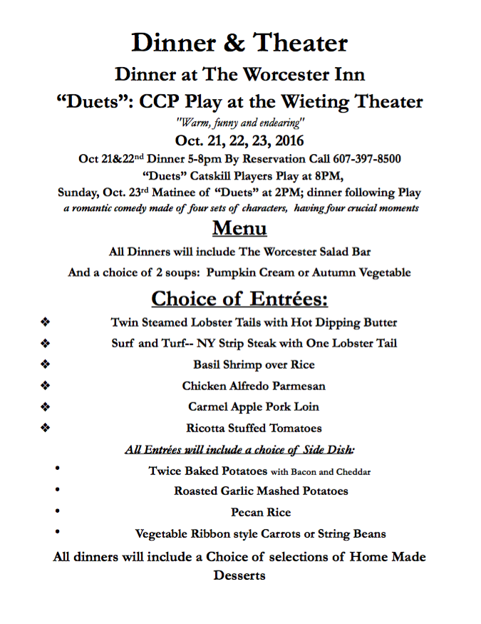 DUETS Dinner Theatre Menu Catskill Community Players DUETS Dinner Theatre Menu Catskill Community Players